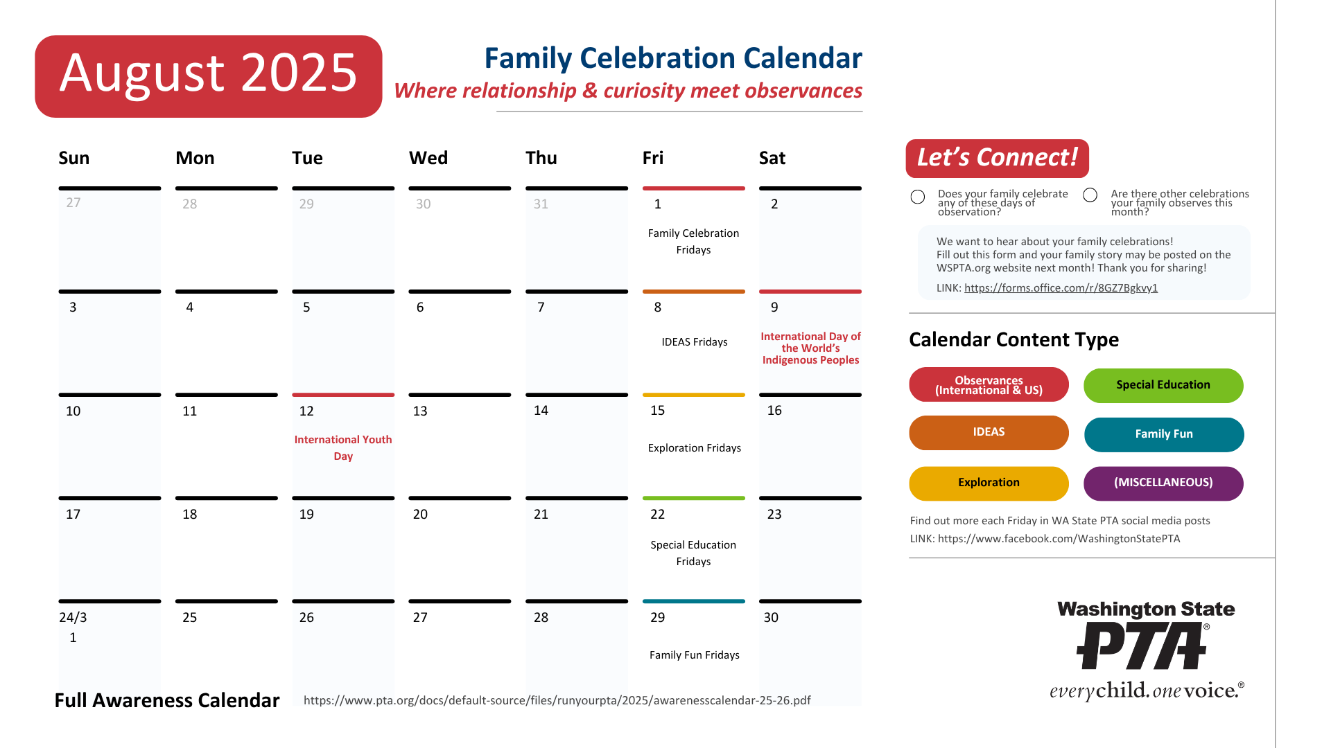 WSPTA Family and Community Engagement: Family Celebration Calendar - WSPTA