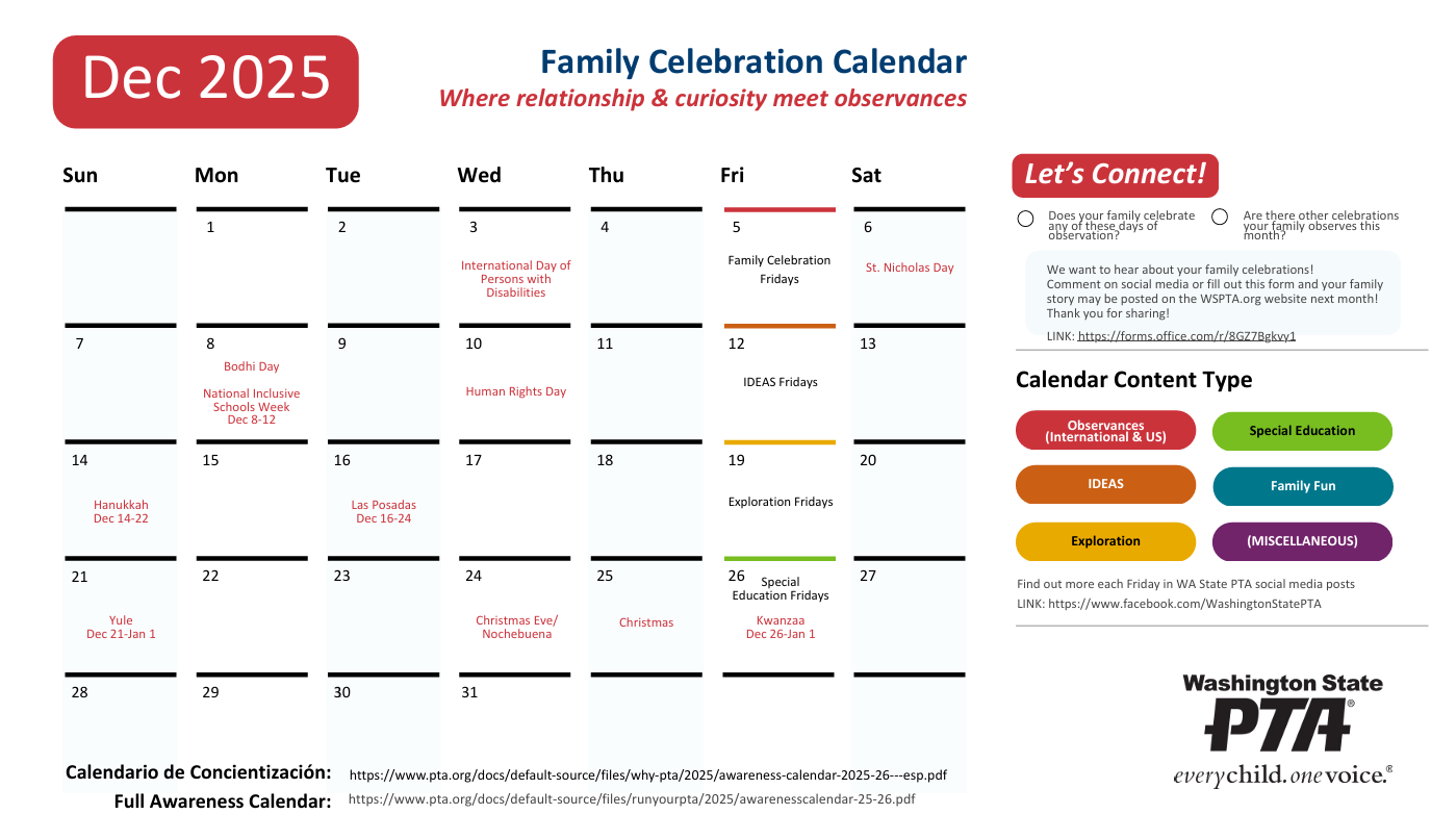WSPTA Family and Community Engagement: Family Celebration Calendar ...